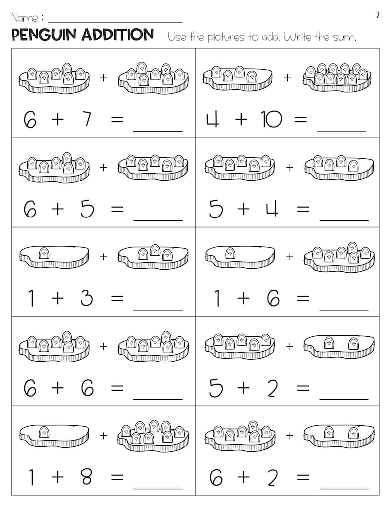 Addition With Pictures to 20 Worksheets - Adding Penguin - Etsy