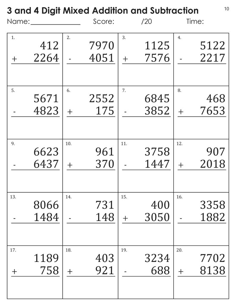 3 and 4 Digit Mixed Addition and Subtraction With Some Regrouping ...