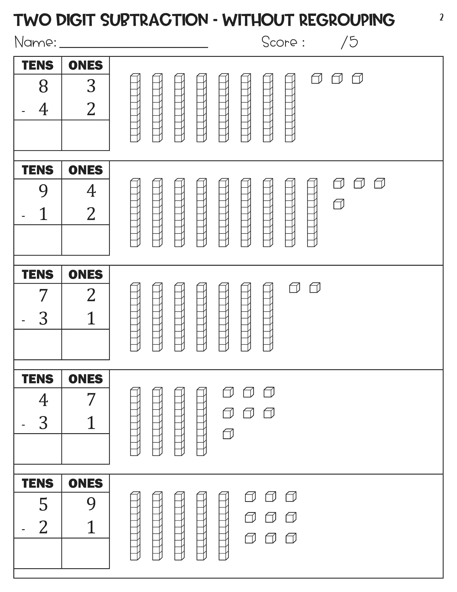 2 Digit Subtraction Without Regrouping With Base Ten Blocks Worksheets ...