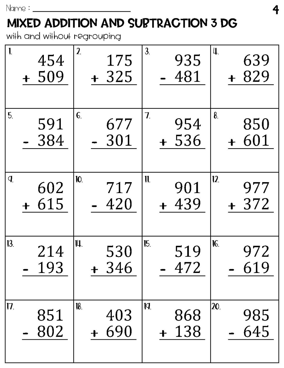 Three Digit Mixed Addition and Subtraction With and Without Regrouping ...