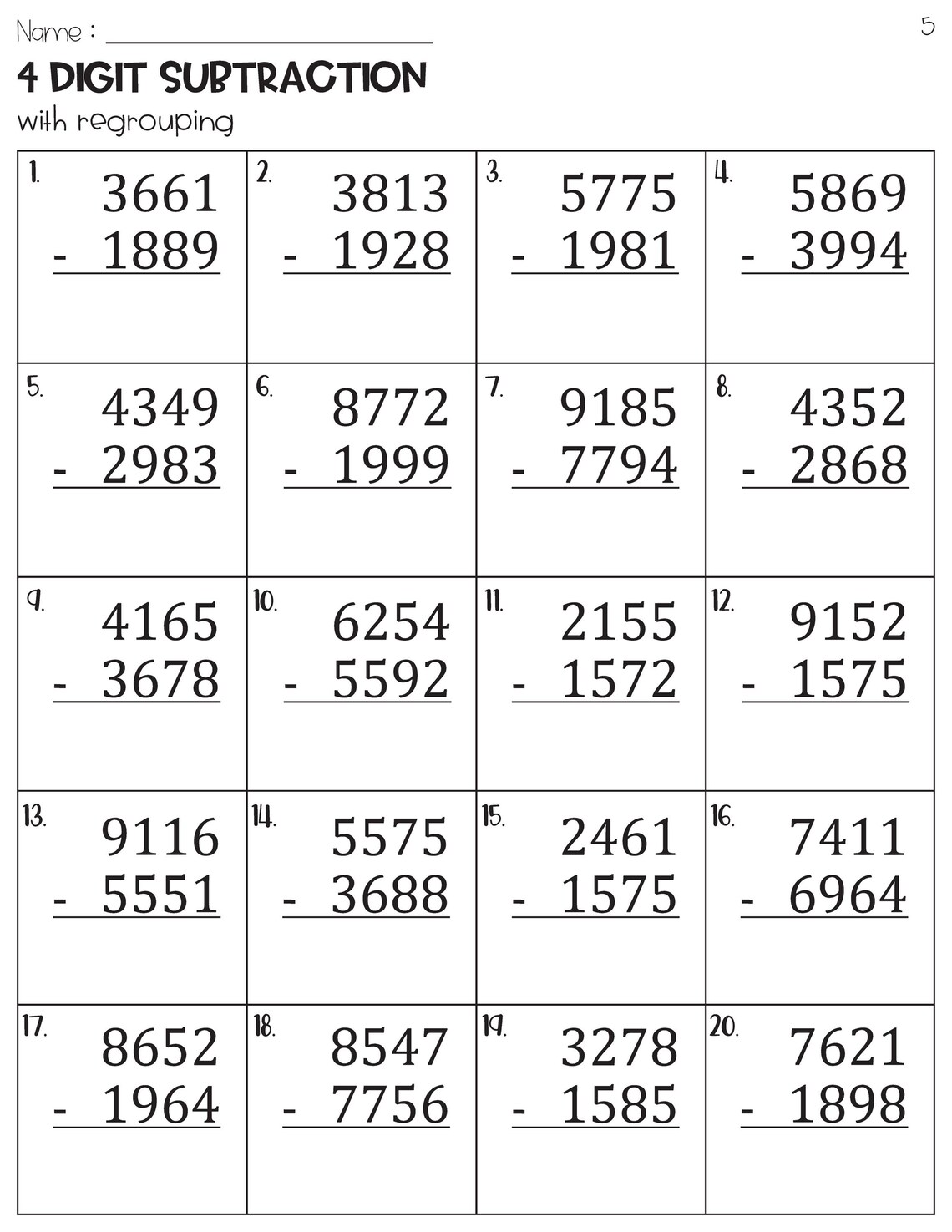 4 Digit Subtraction With Regrouping Worksheets - Etsy