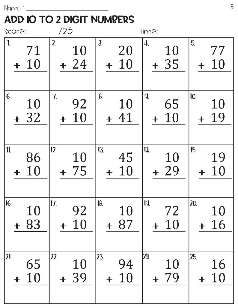 Adding 10 To 2 Digit Numbers Worksheets Etsy Adding 10 To 2 Digit Numbers Worksheets Etsy