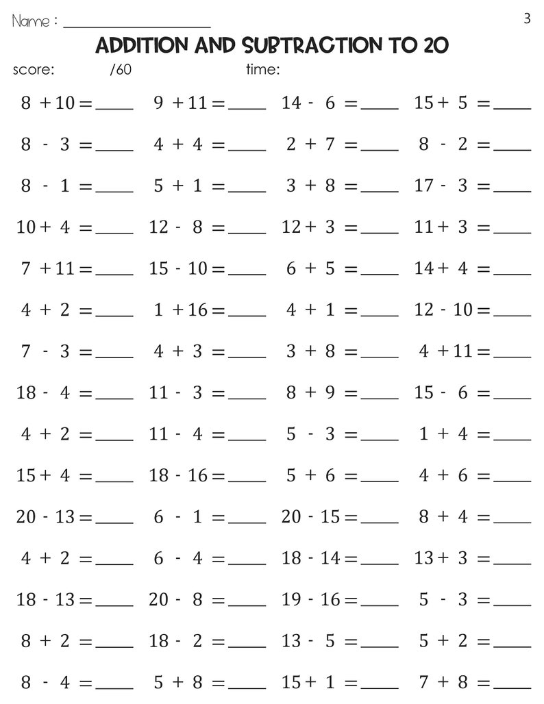 Math Fact Fluency Addition and Subtraction to 20 Timed Tests Practice ...