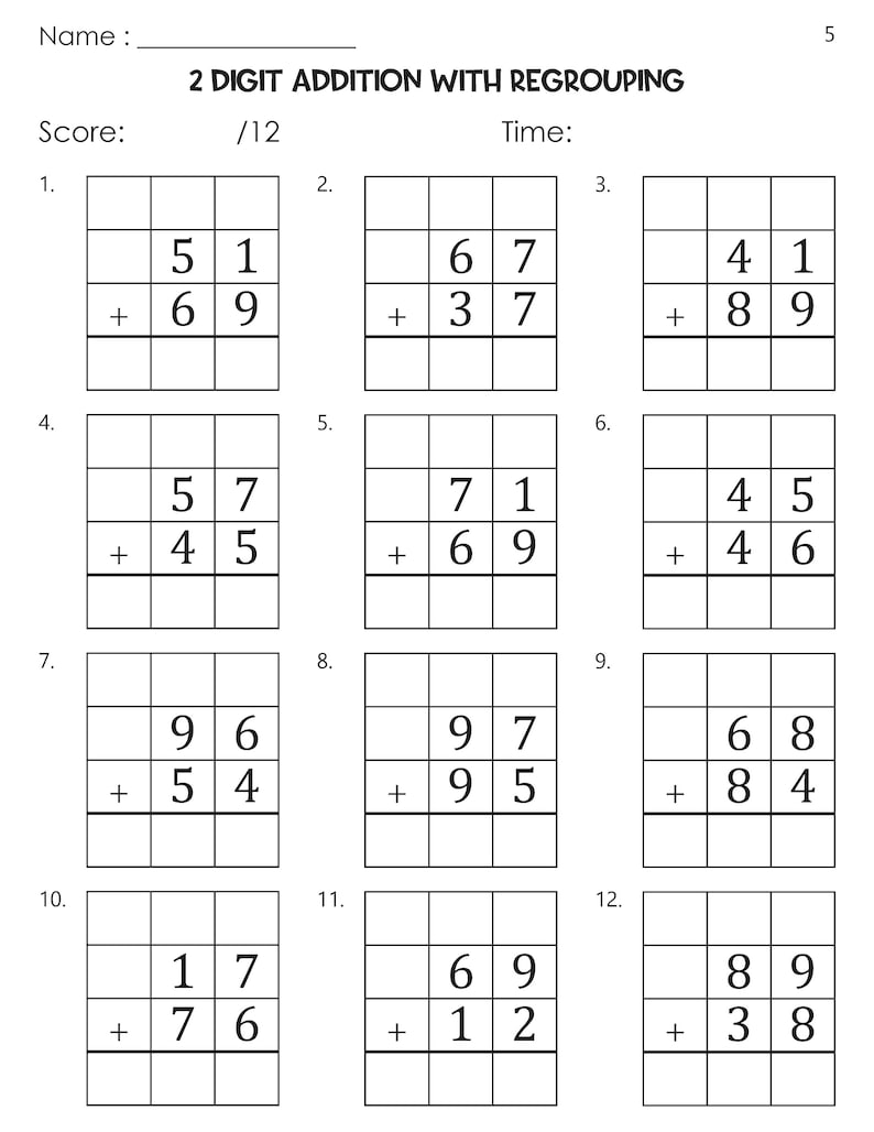 2 Digit Addition With Regrouping Worksheets - Etsy
