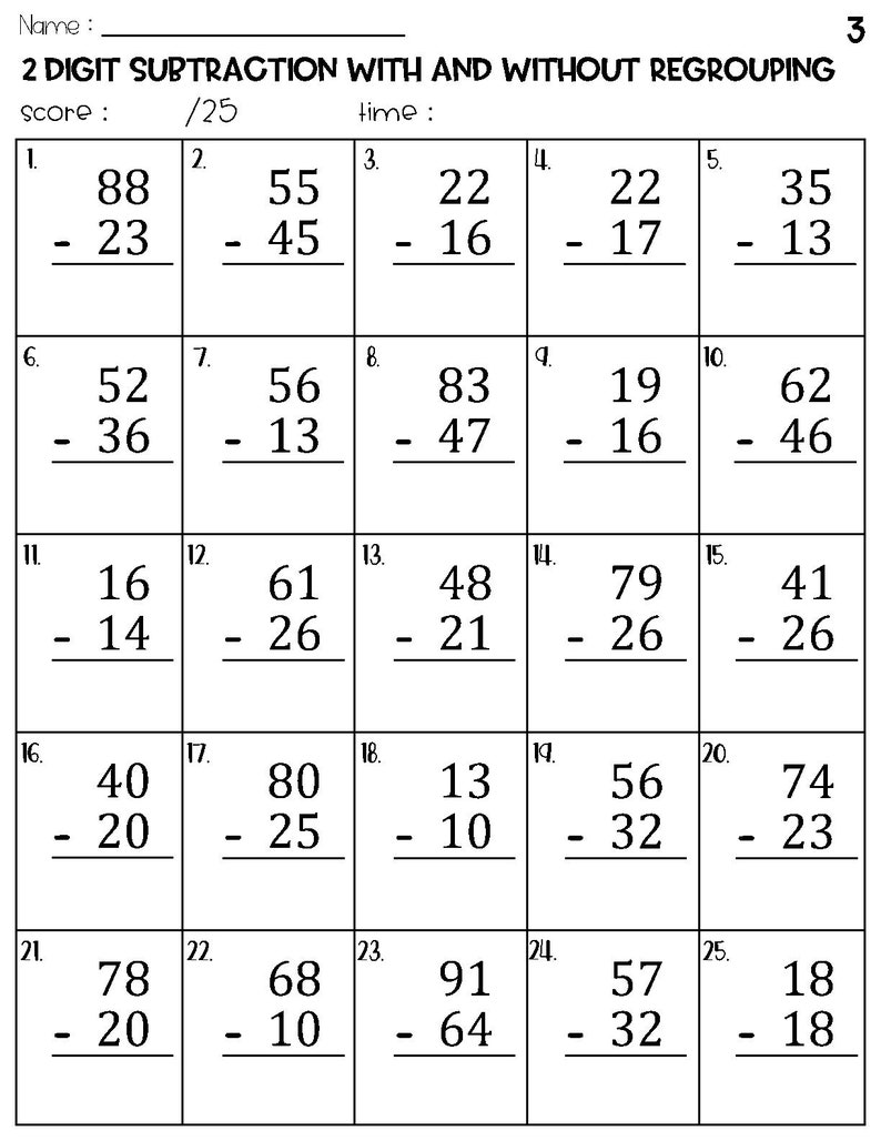 Two Digit Subtraction With and Without Regrouping Worksheets - Etsy