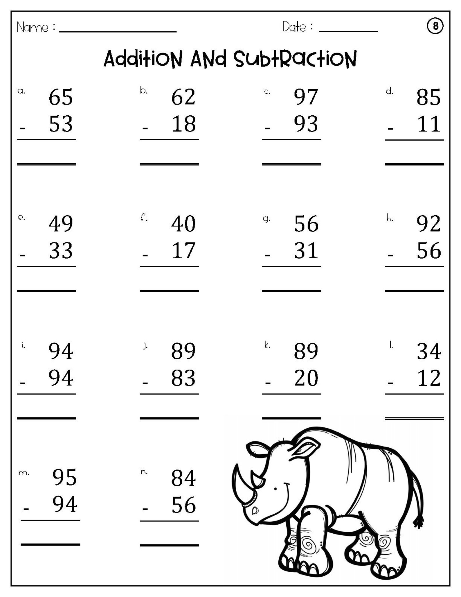 2 Digit Addition and Subtraction Worksheets - Set3 Zoo Theme Math ...