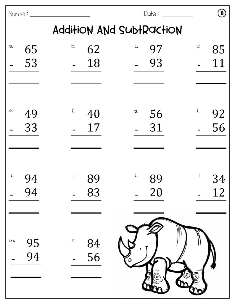 2 Digit Addition and Subtraction Worksheets - Set3 Zoo Theme Math ...
