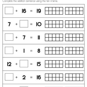 Missing Addends to 20 With Ten Frame Worksheets - Etsy