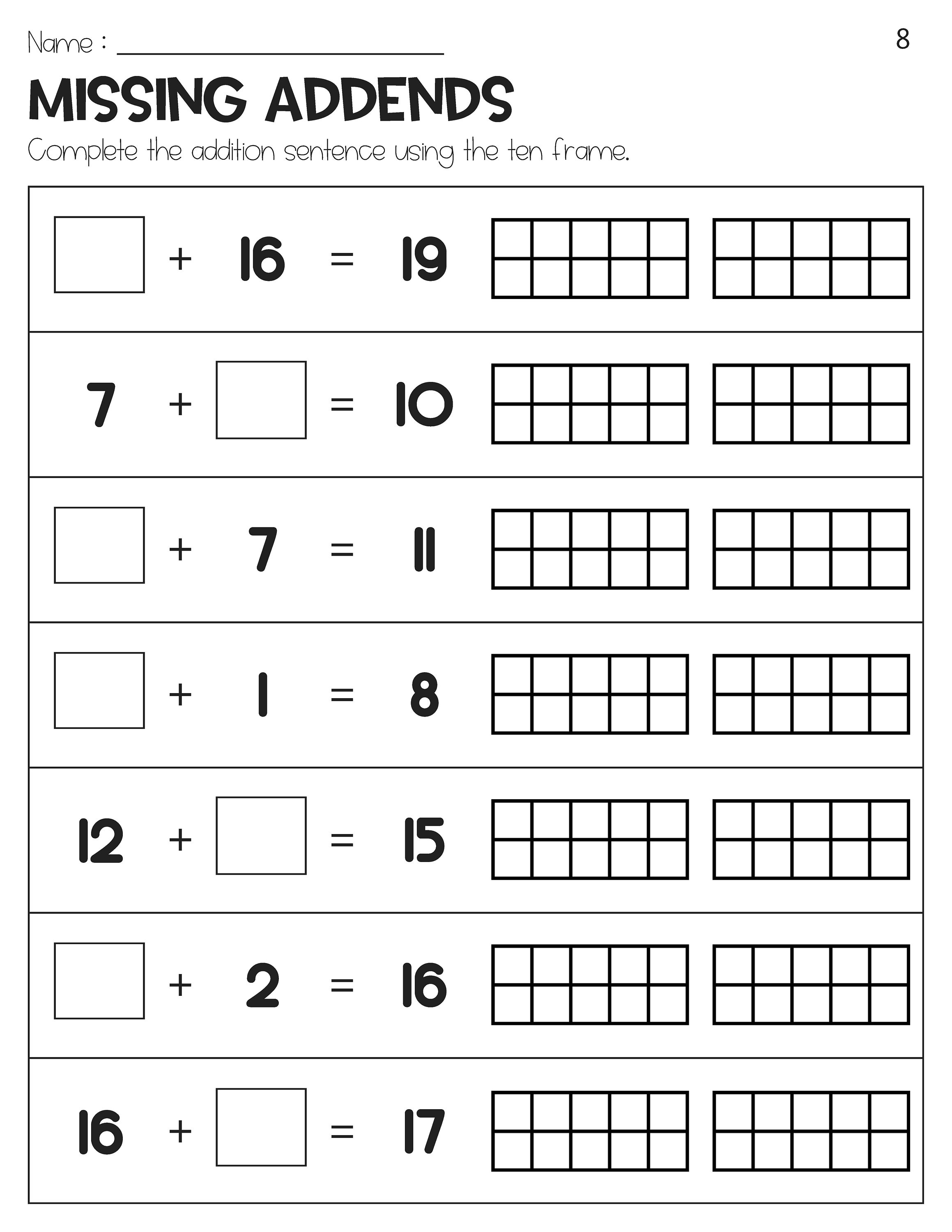Missing Addends to 20 With Ten Frame Worksheets - Etsy