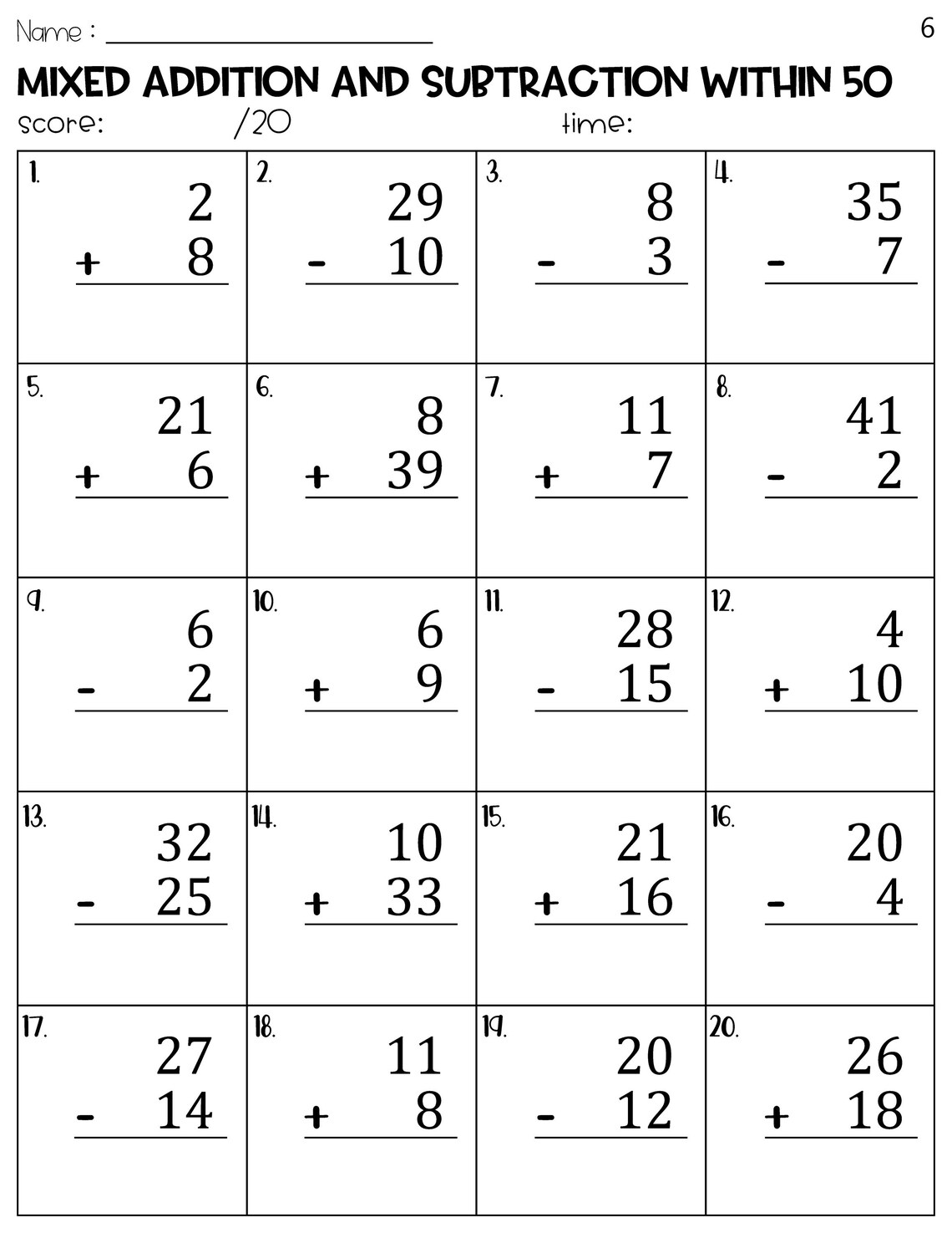 Mixed Addition and Subtraction to 50 Worksheets - Etsy