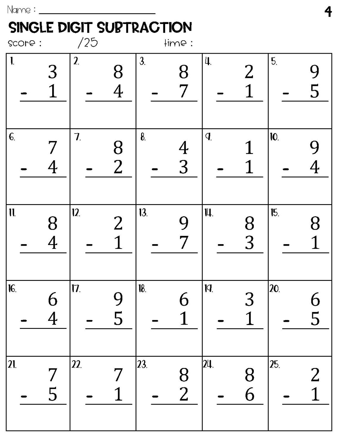 Single Digit Subtraction Worksheets Etsy