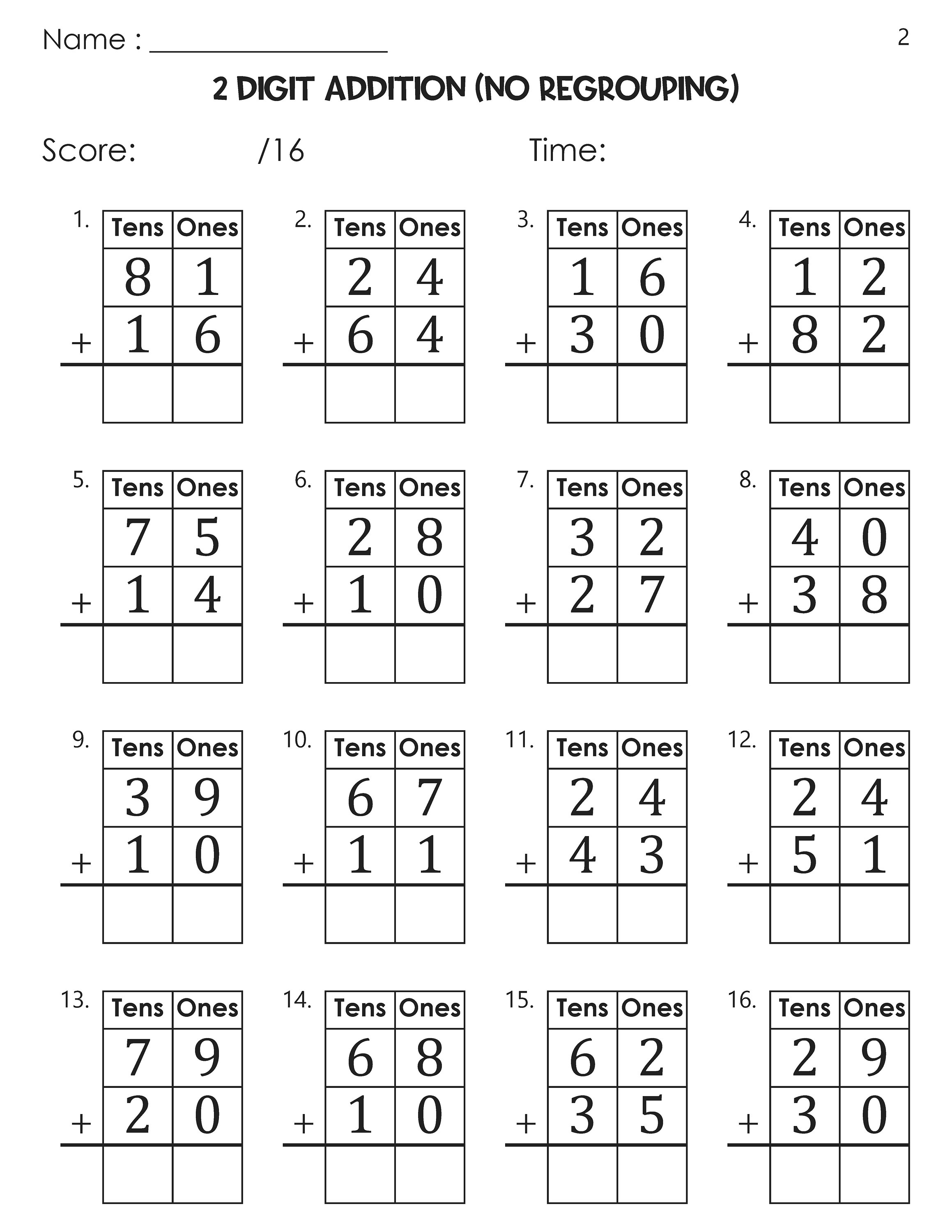 Addition Worksheets Double Digit Without Regrouping 3 Digit