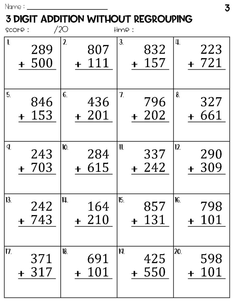 Three Digit Addition Without Regrouping Worksheets - Etsy