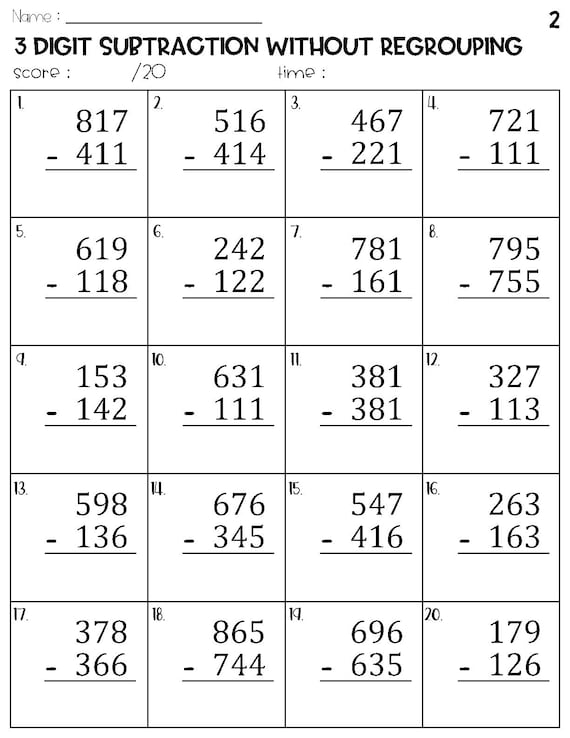 Hojas De Trabajo De Resta De Tres Dígitos Con Reagrupación Para Segundo ...