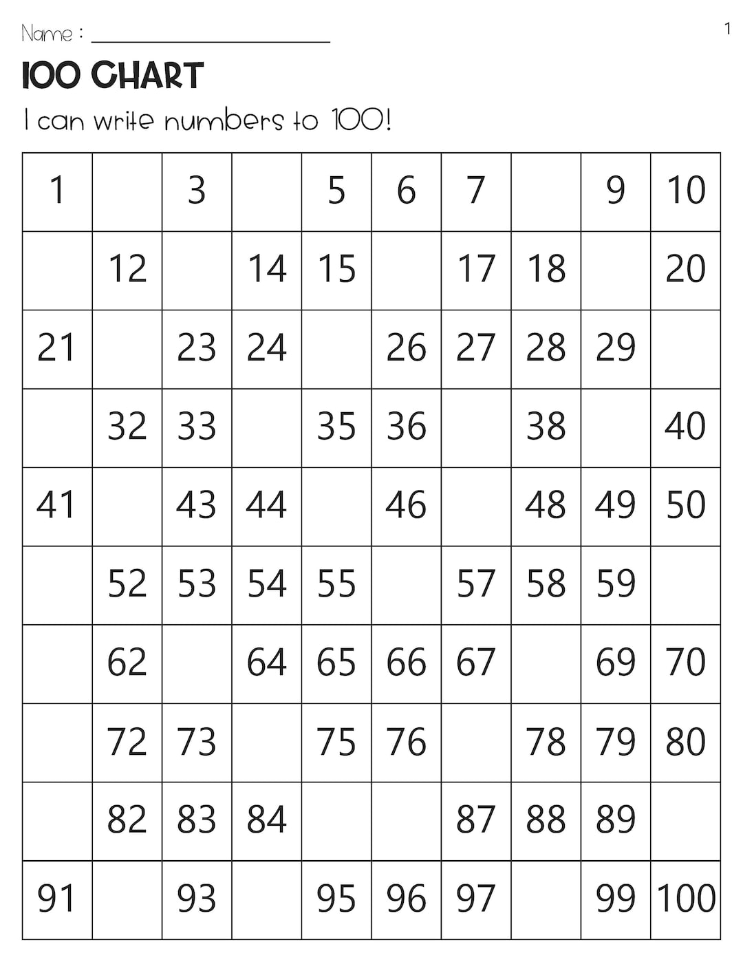 100 Chart Missing Numbers Worksheets - Etsy