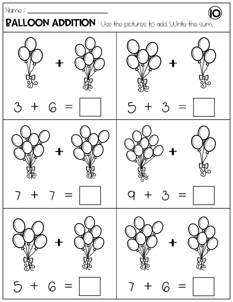 Addition With Pictures Sum up to 20 Worksheets - Adding Balloon ...