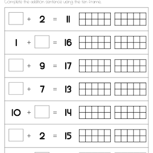 Missing Addends to 20 With Ten Frame Worksheets - Etsy