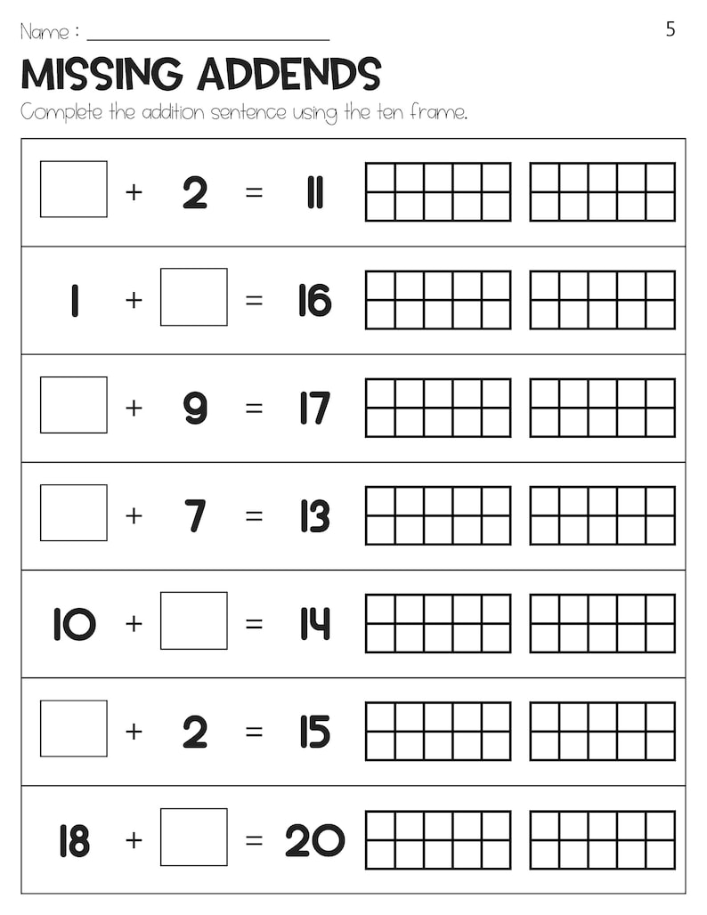 Missing Addends to 20 With Ten Frame Worksheets - Etsy