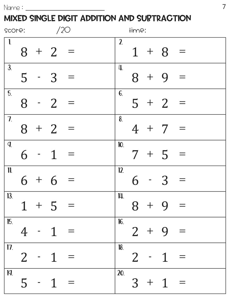 Horizontal Mixed Single Digit Addition and Subtraction Worksheets - Etsy