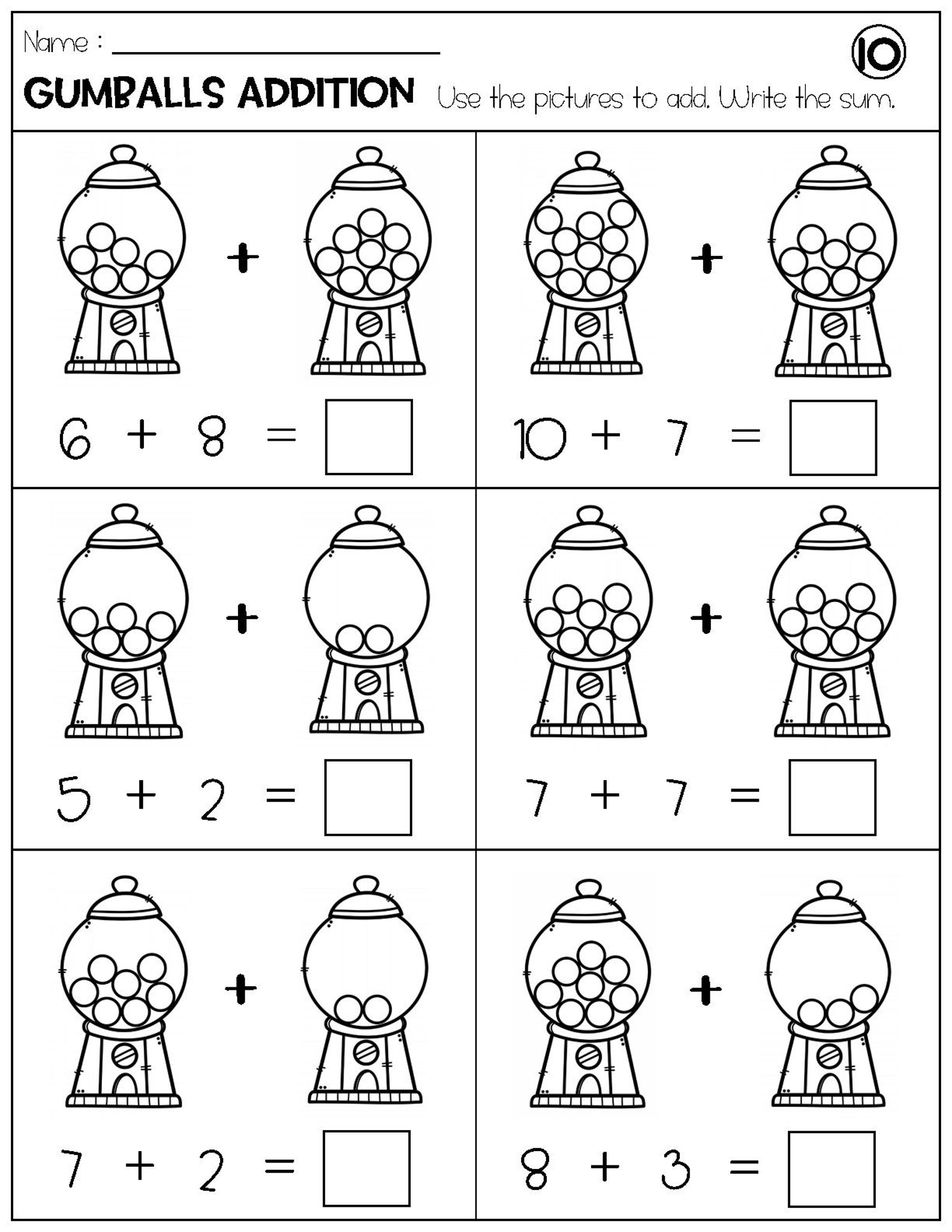 Addition With Pictures Sum up to 20 Worksheets - Adding Gumballs ...