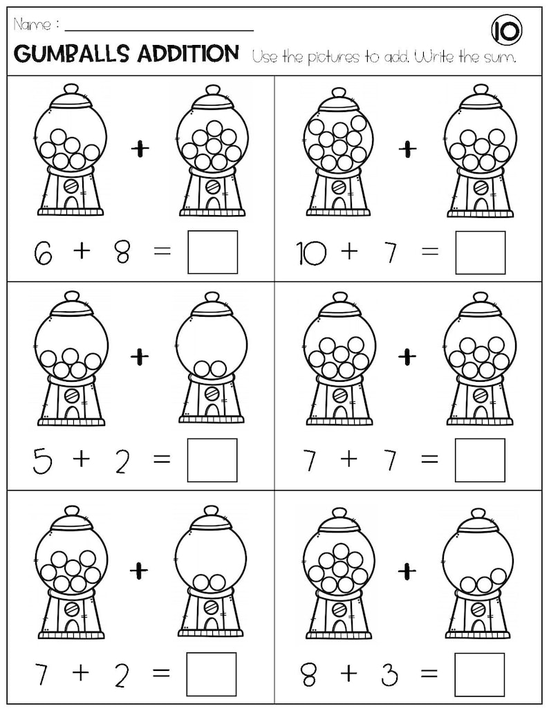 Addition With Pictures Sum up to 20 Worksheets - Adding Gumballs ...