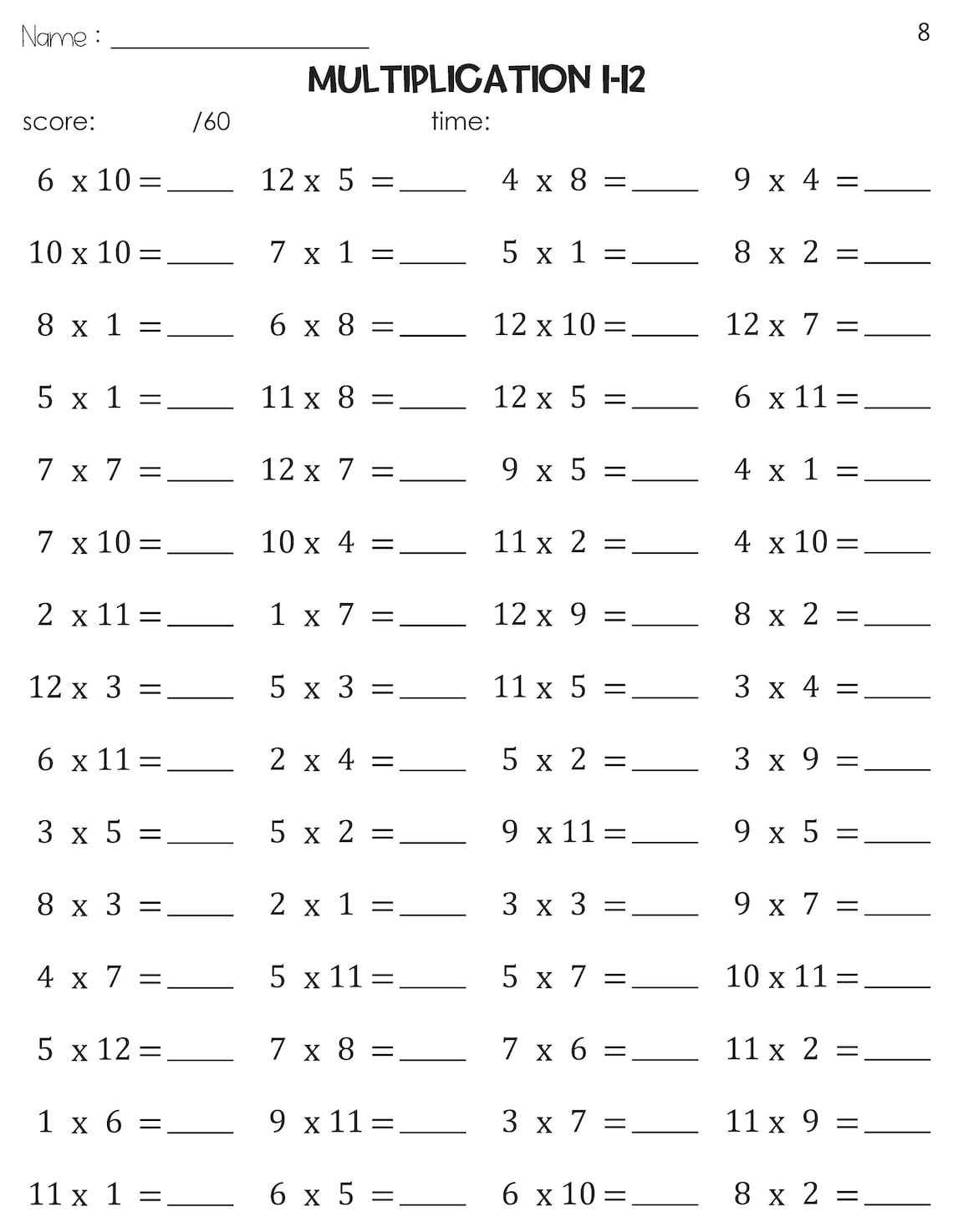 Multiplication 1-12 Math Timed Tests Speed Drills Worksheets - Etsy