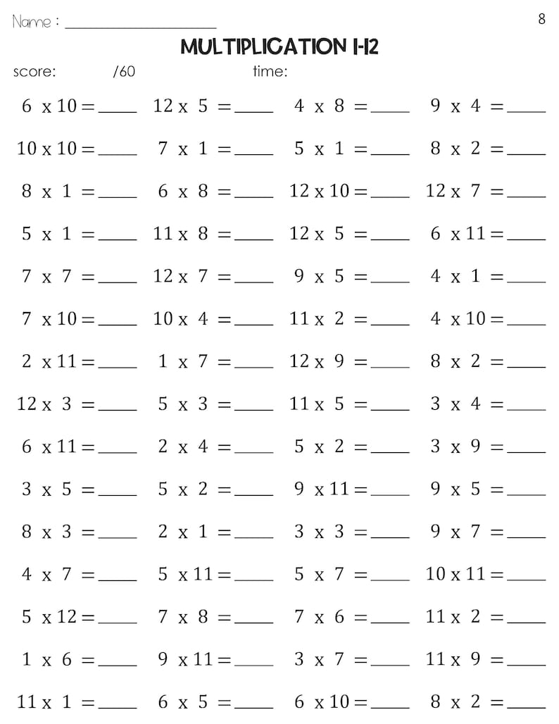 Multiplication 1-12 Math Timed Tests Speed Drills Worksheets - Etsy