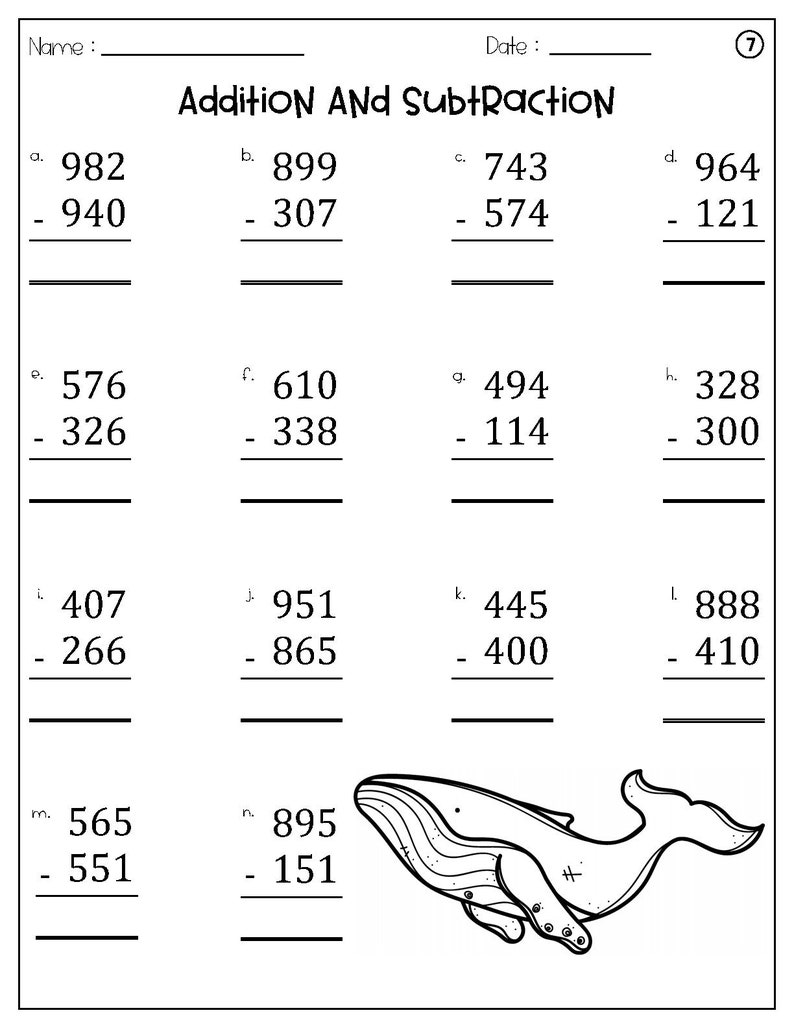 3 Digit Addition and Subtraction Worksheets - SET3 Ocean Theme Math ...