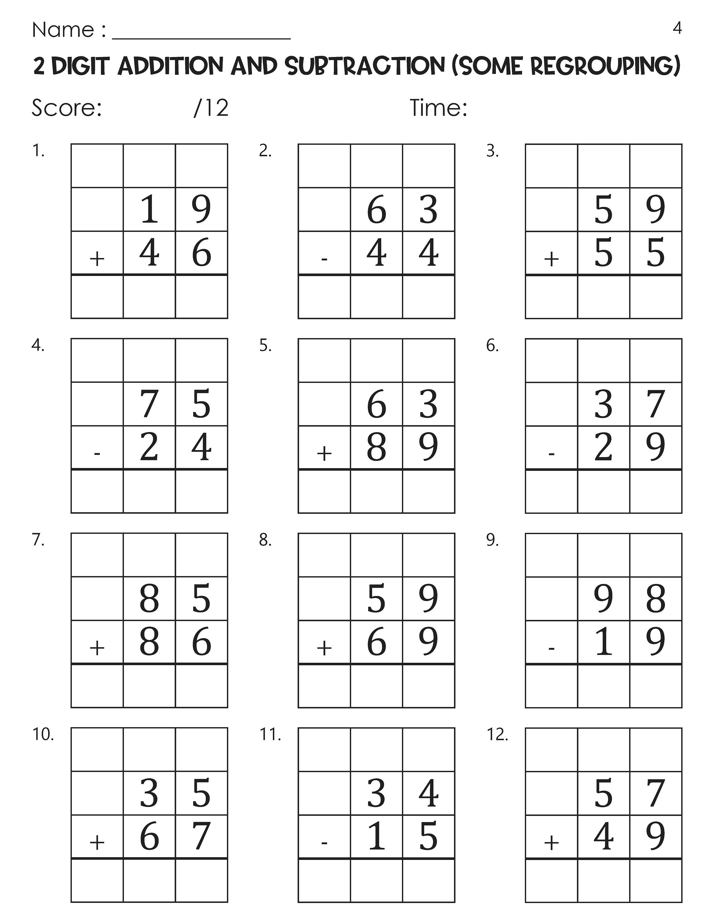 Two Digit Addition And Subtraction With And Without Regrouping With