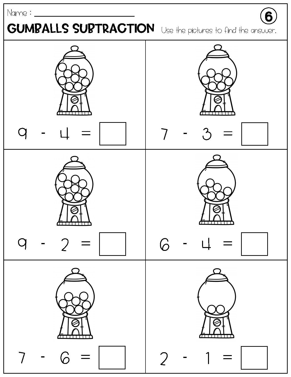 Subtraction With Pictures Within 10 Worksheets - Subtracting Gumballs ...