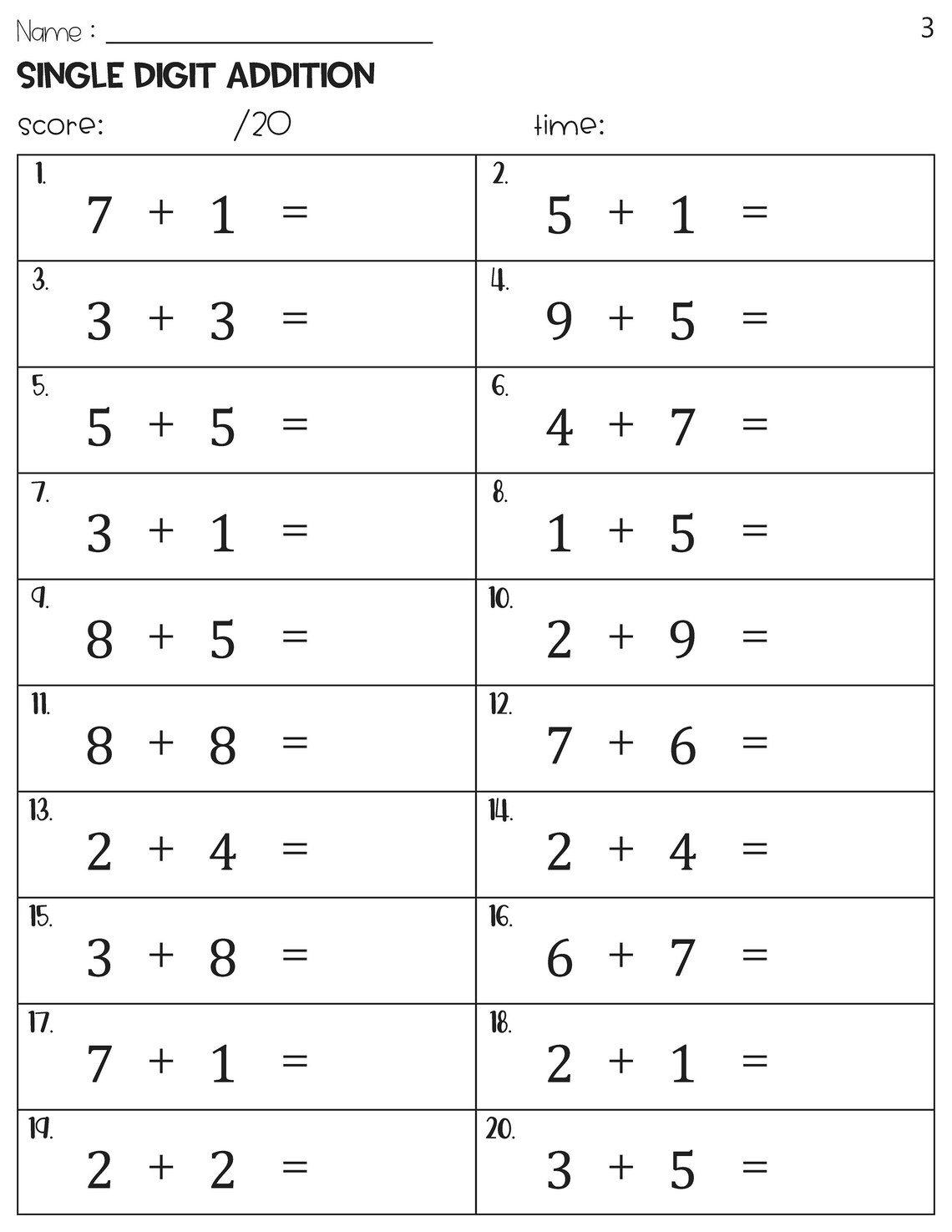Horizontal Single Digit Addition Worksheets - Etsy