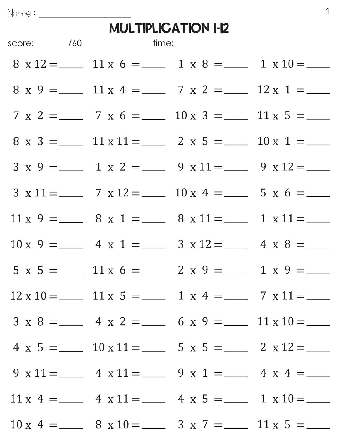 Multiplication 1-12 Math Timed Tests Speed Drills Worksheets - Etsy