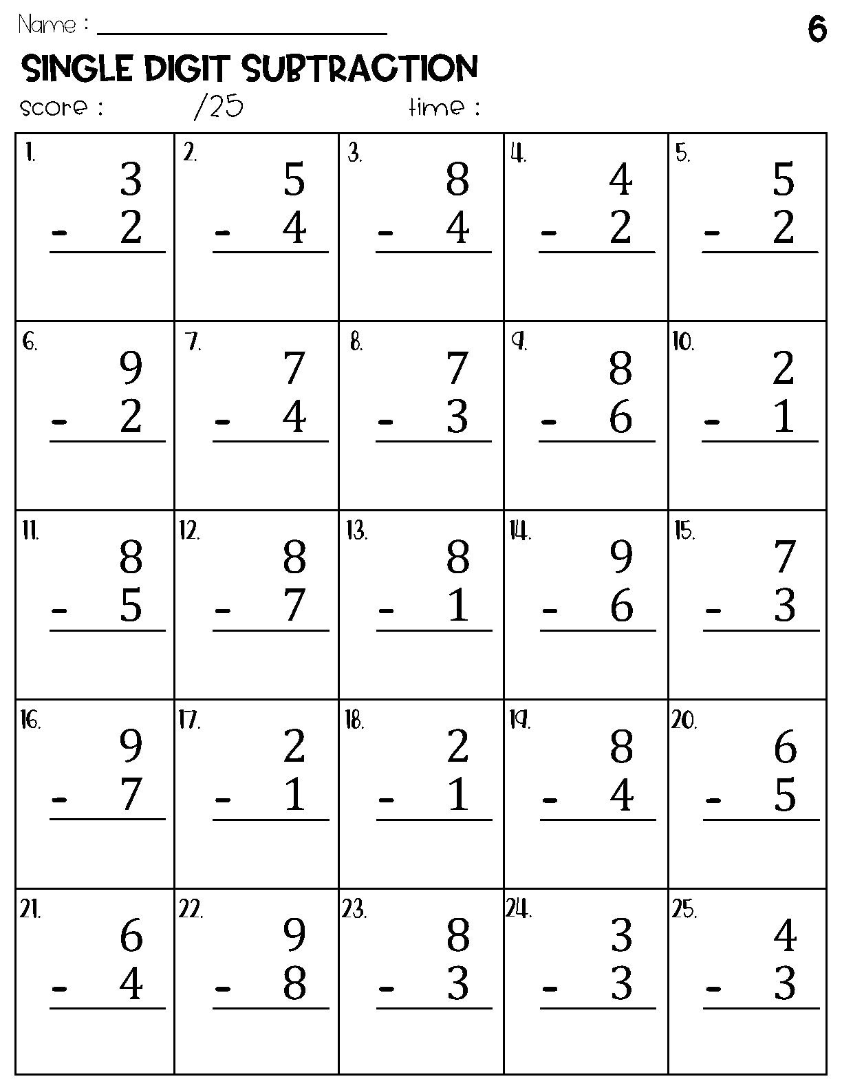 Single Digit Subtraction Worksheets - Etsy