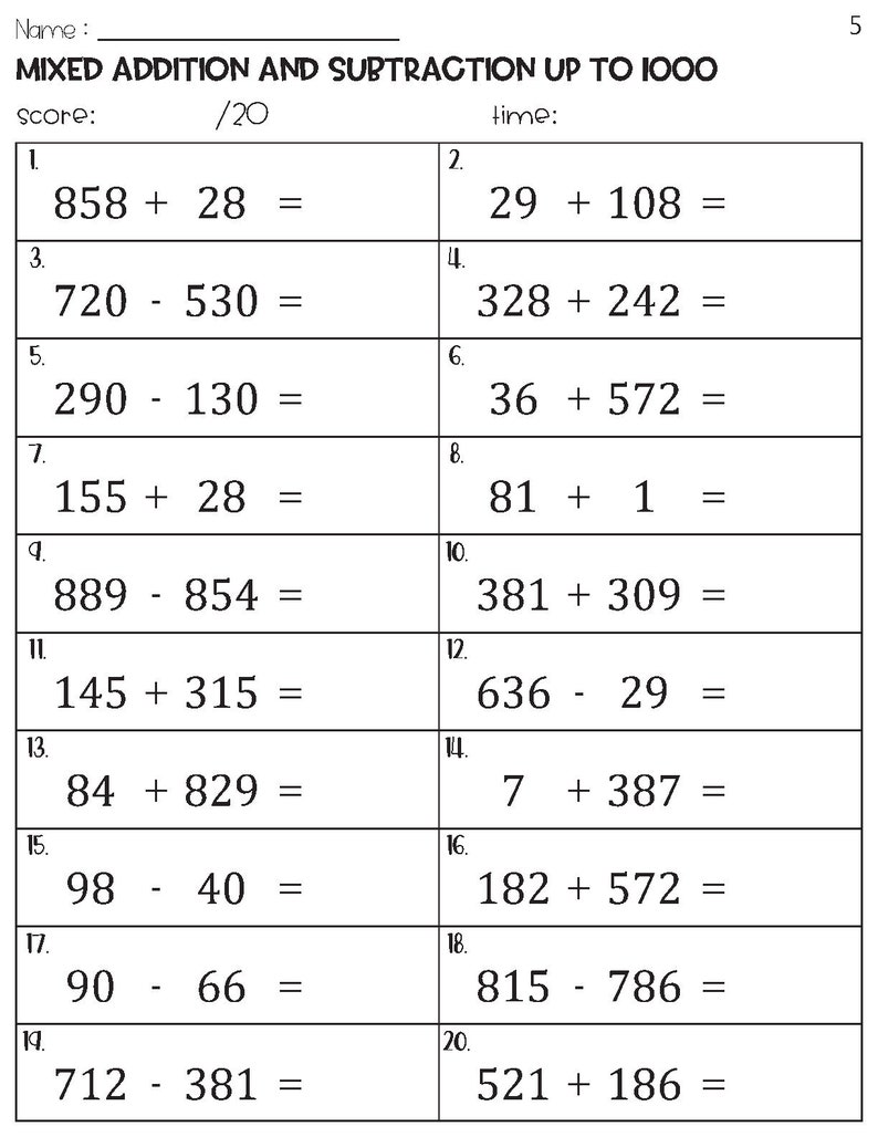 Horizontal Mixed Addition and Subtraction to 1000 Worksheets - Etsy