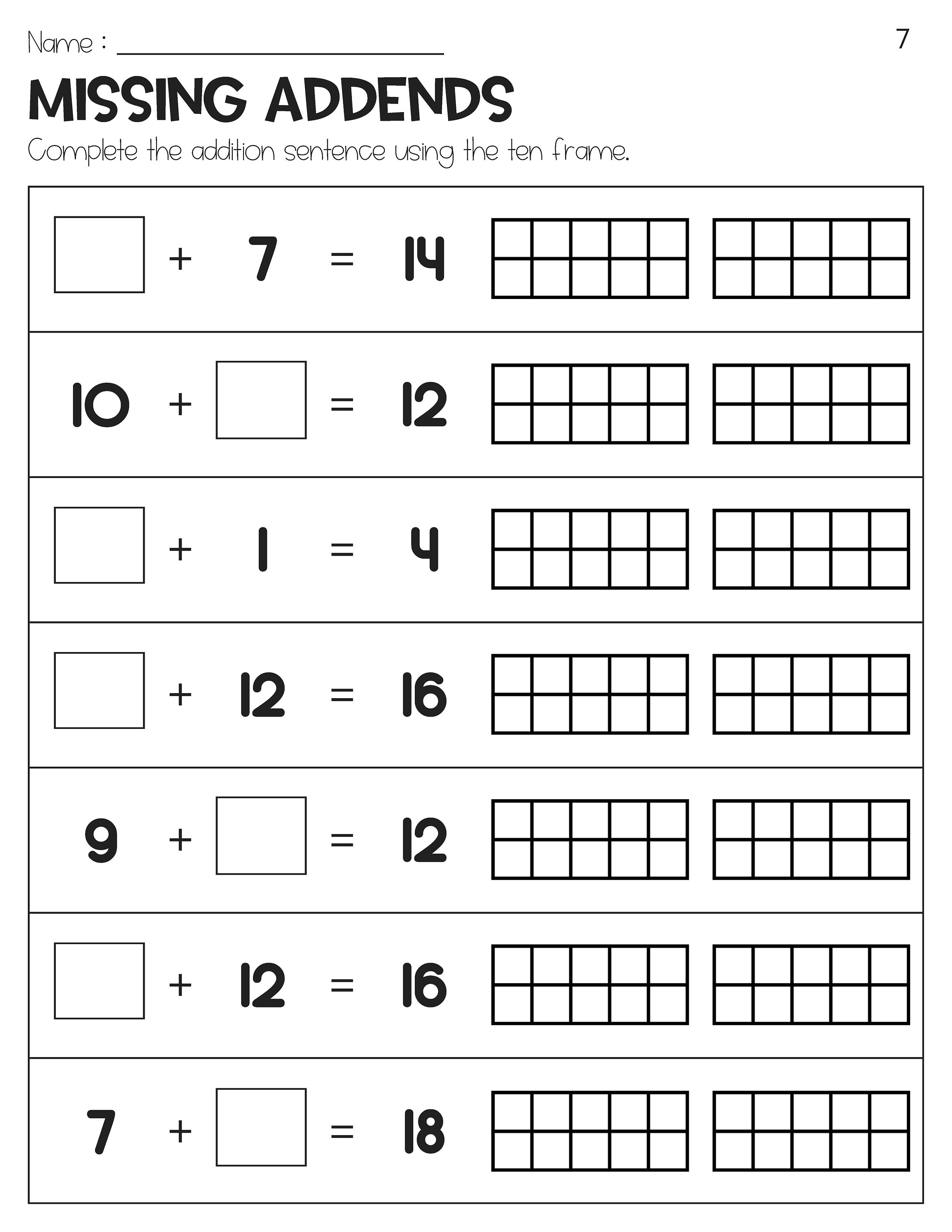 Missing Addends to 20 With Ten Frame Worksheets - Etsy