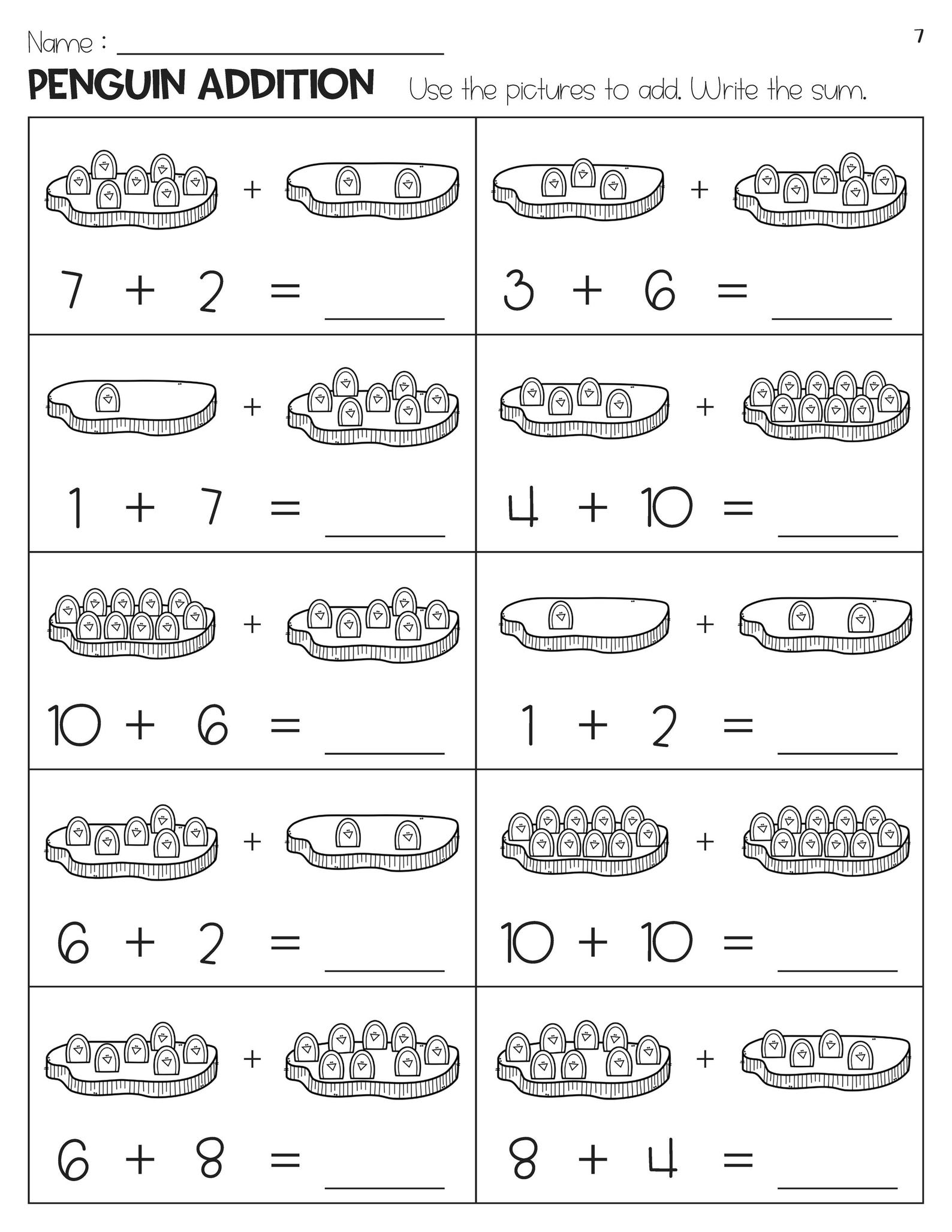Addition With Pictures to 20 Worksheets - Adding Penguin - Etsy