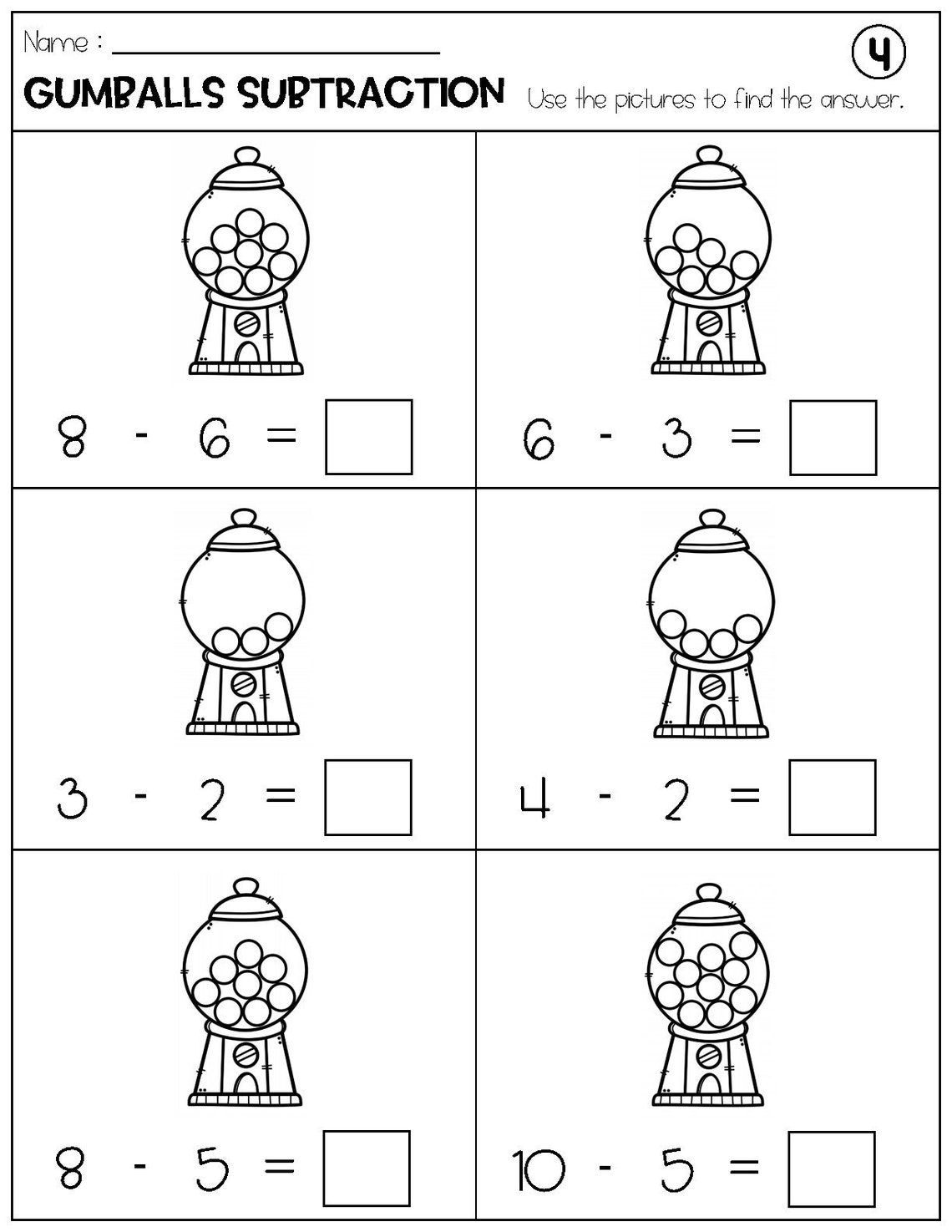 Subtraction With Pictures Within 10 Worksheets - Subtracting Gumballs ...
