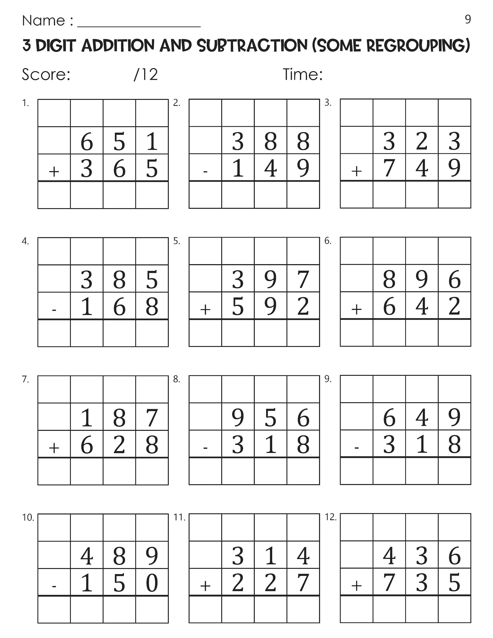 Three Digit Mixed Addition and Subtraction Some Regrouping With Grid ...