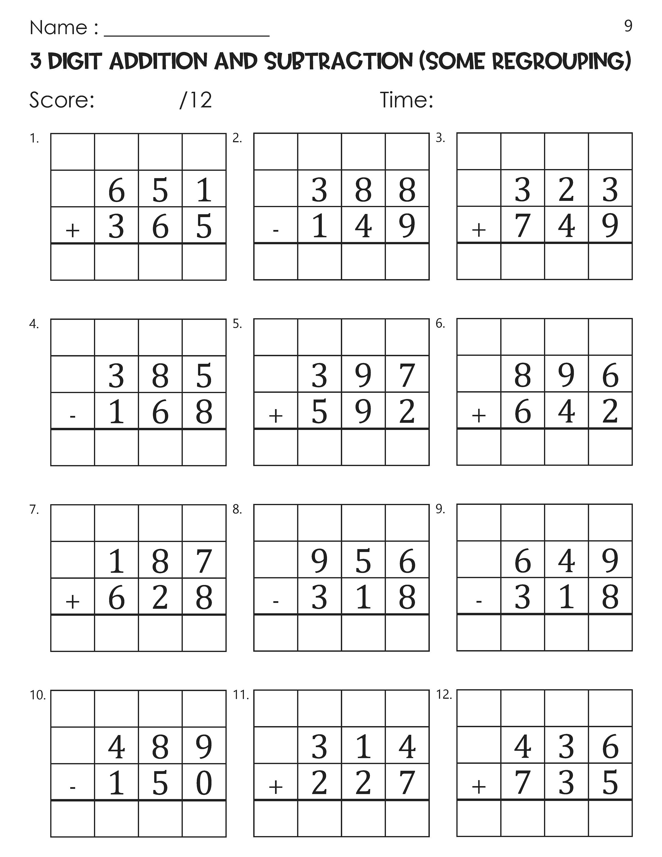 Three Digit Mixed Addition and Subtraction Some Regrouping With Grid ...