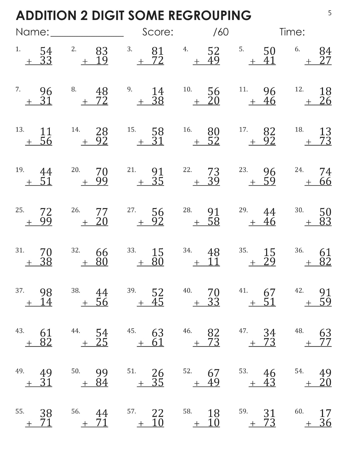Math Timed Tests 2 Digit Addition Some Regrouping - Etsy