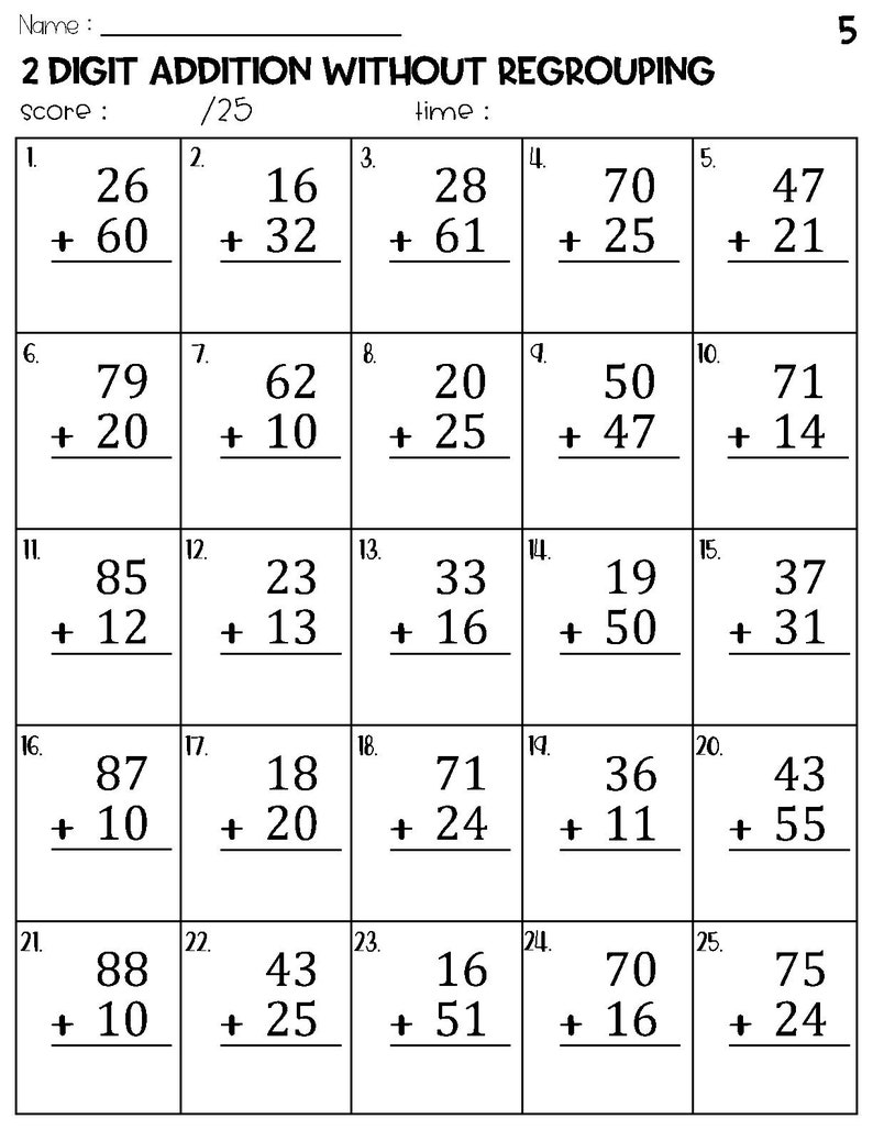 Two Digit Addition Without Regrouping Worksheets - Etsy