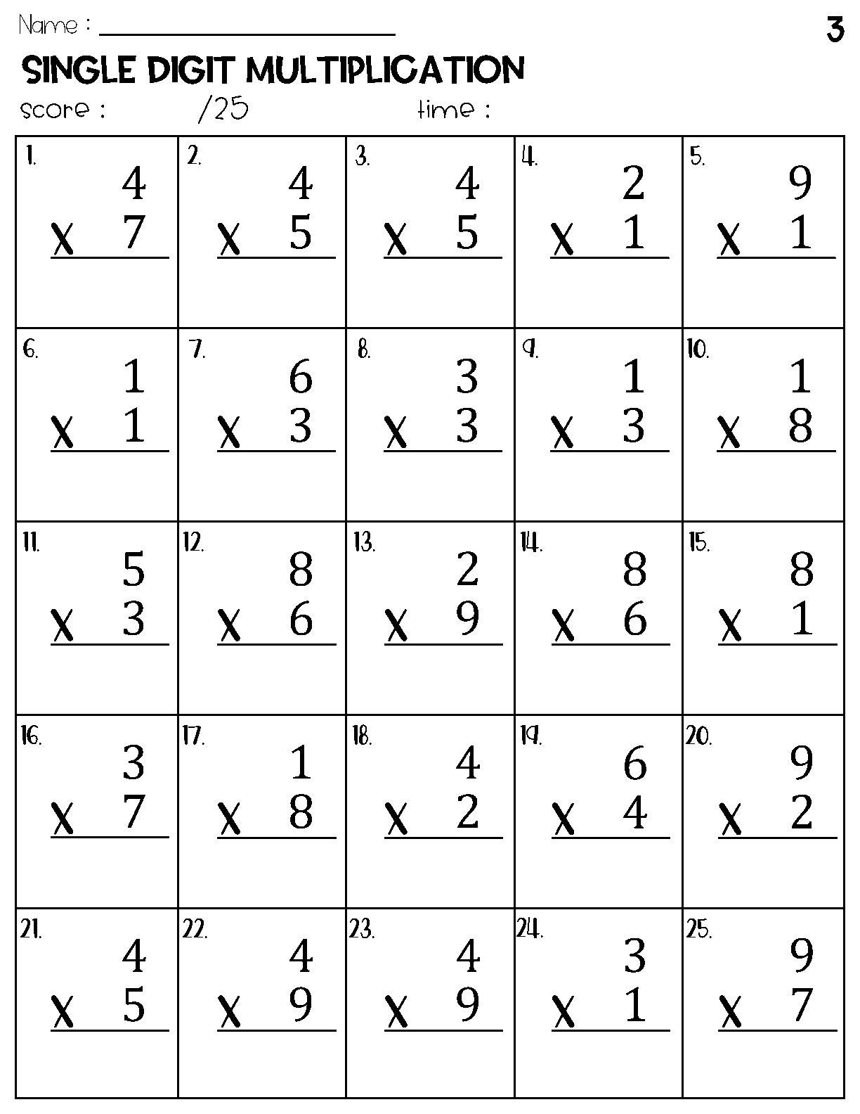 Single Digit Multiplication Worksheets - Etsy