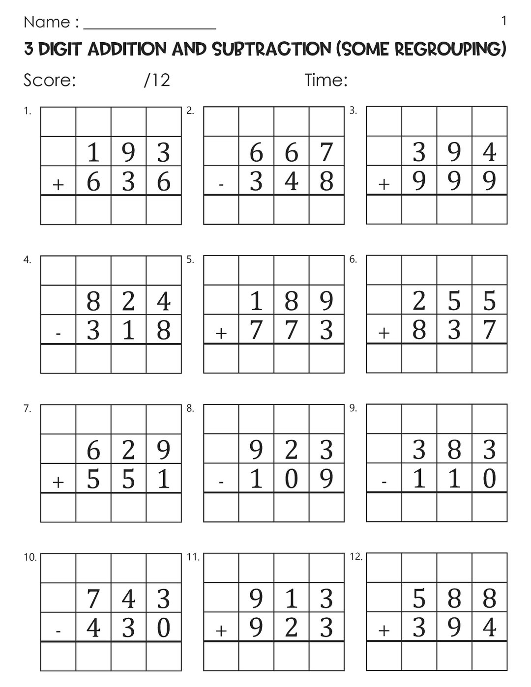 Three Digit Mixed Addition and Subtraction Some Regrouping With Grid ...