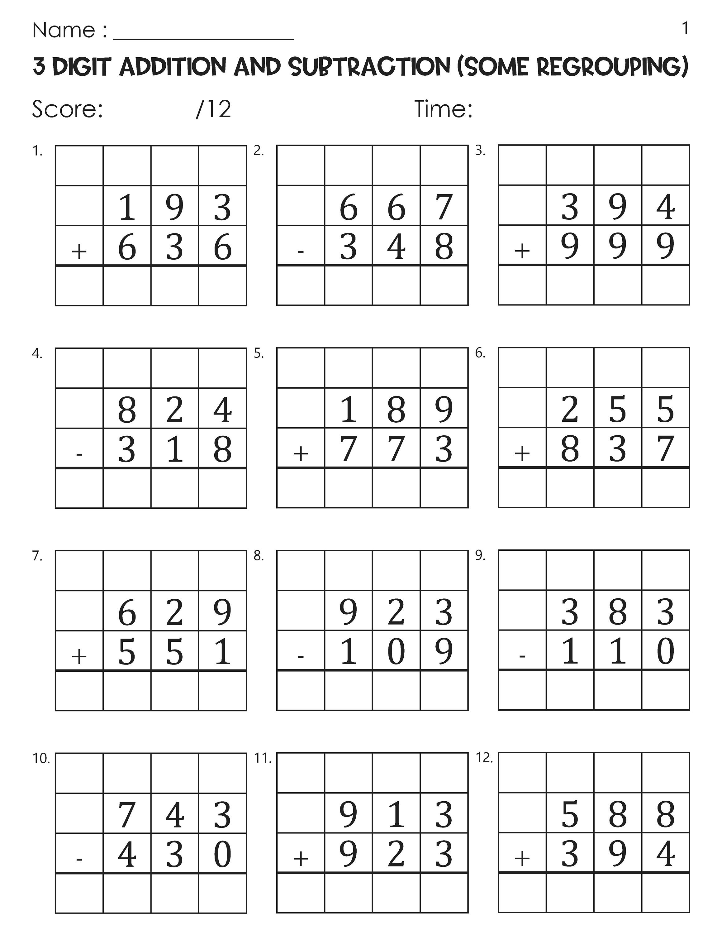 Suma y resta mixtas de tres dígitos, algunas reagrupaciones con hojas ...