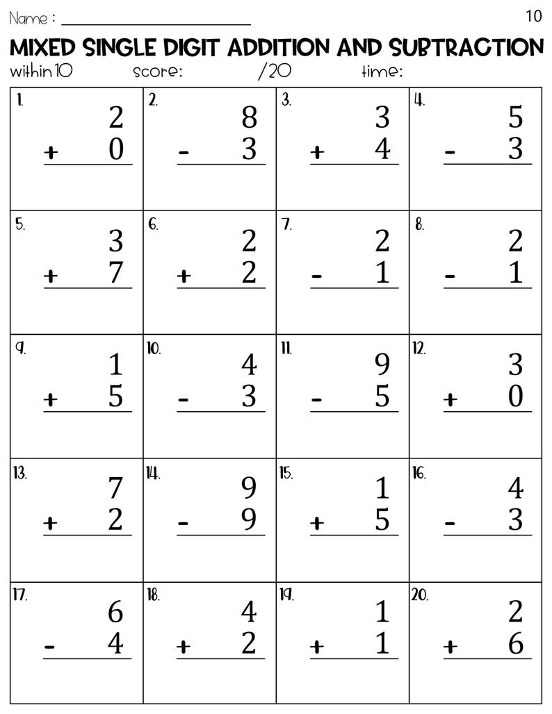 Mixed Single Digit Addition and Subtraction Within 10 Worksheets - Etsy