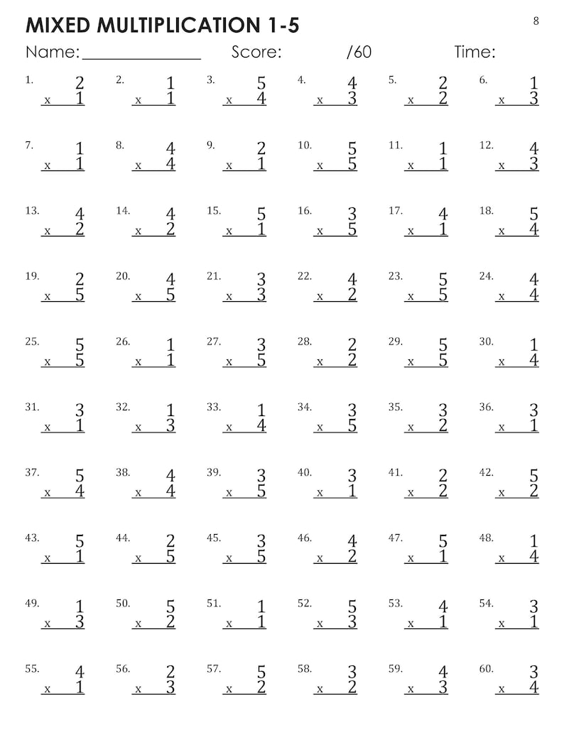 Mixed Multiplication Facts 1-5 Timed Tests Worksheets - Etsy