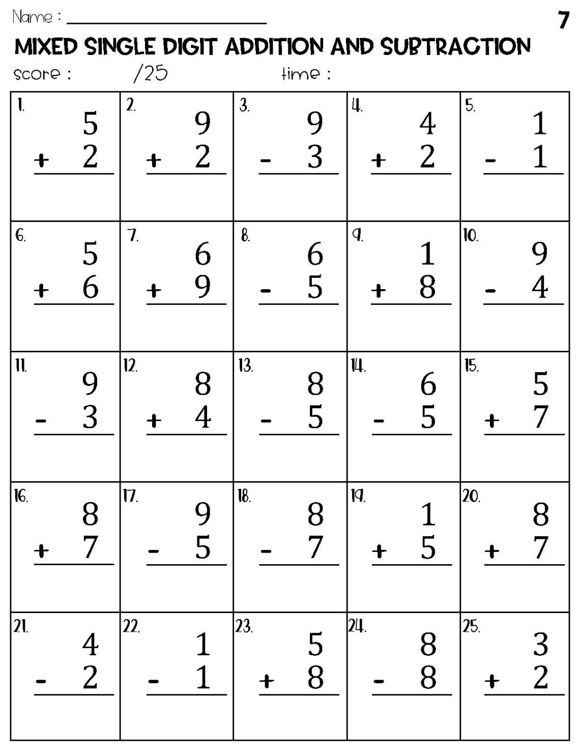 Mixed Single Digit Addition and Subtraction Worksheets - Etsy