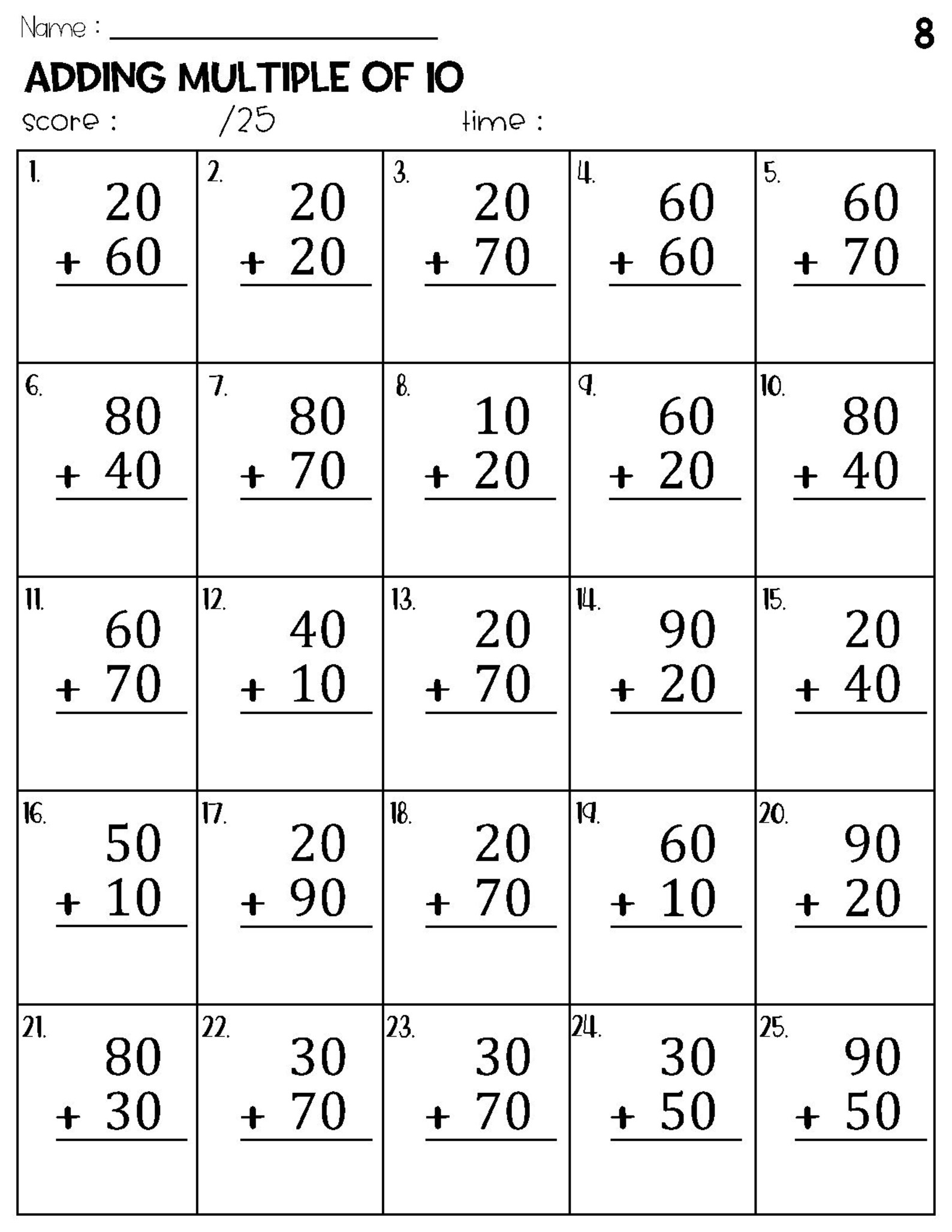 Adding Multiple of 10 Worksheets - Etsy
