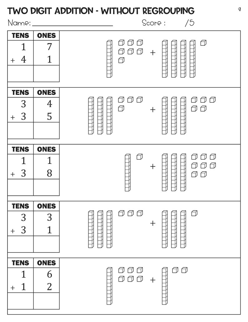 2 Digit Addition Without Regrouping With Base Ten Blocks Worksheets - Etsy