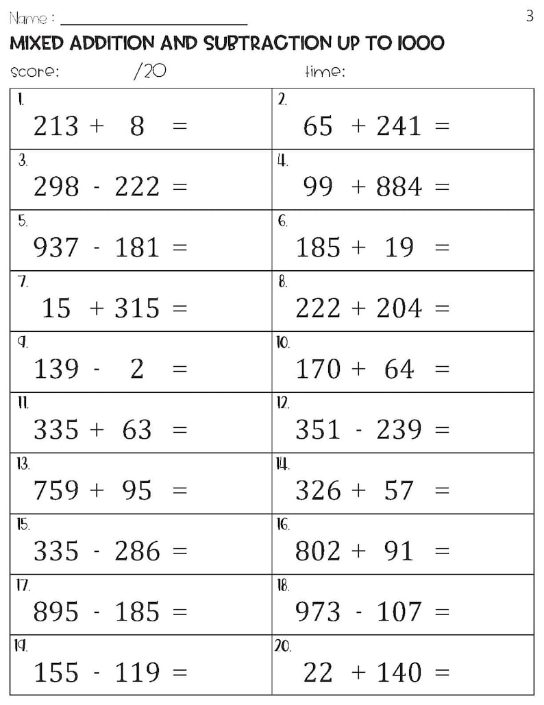 Horizontal Mixed Addition and Subtraction to 1000 Worksheets - Etsy